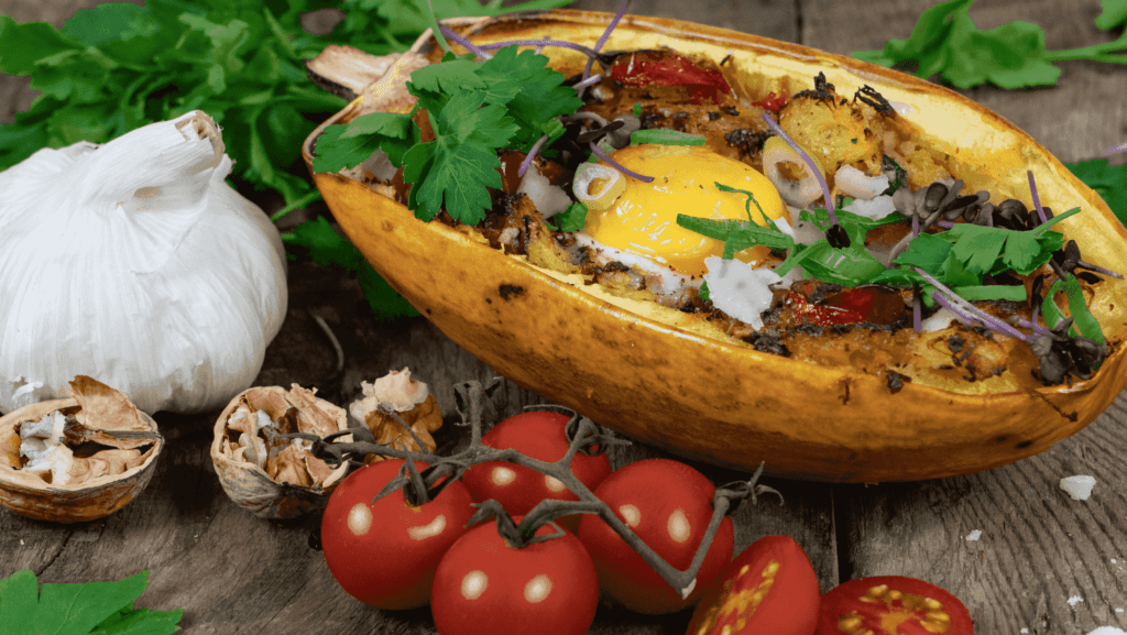 Gefüllter Spaghetti-Kürbis mit Walnuss-Pesto - Flavoury Food Blog