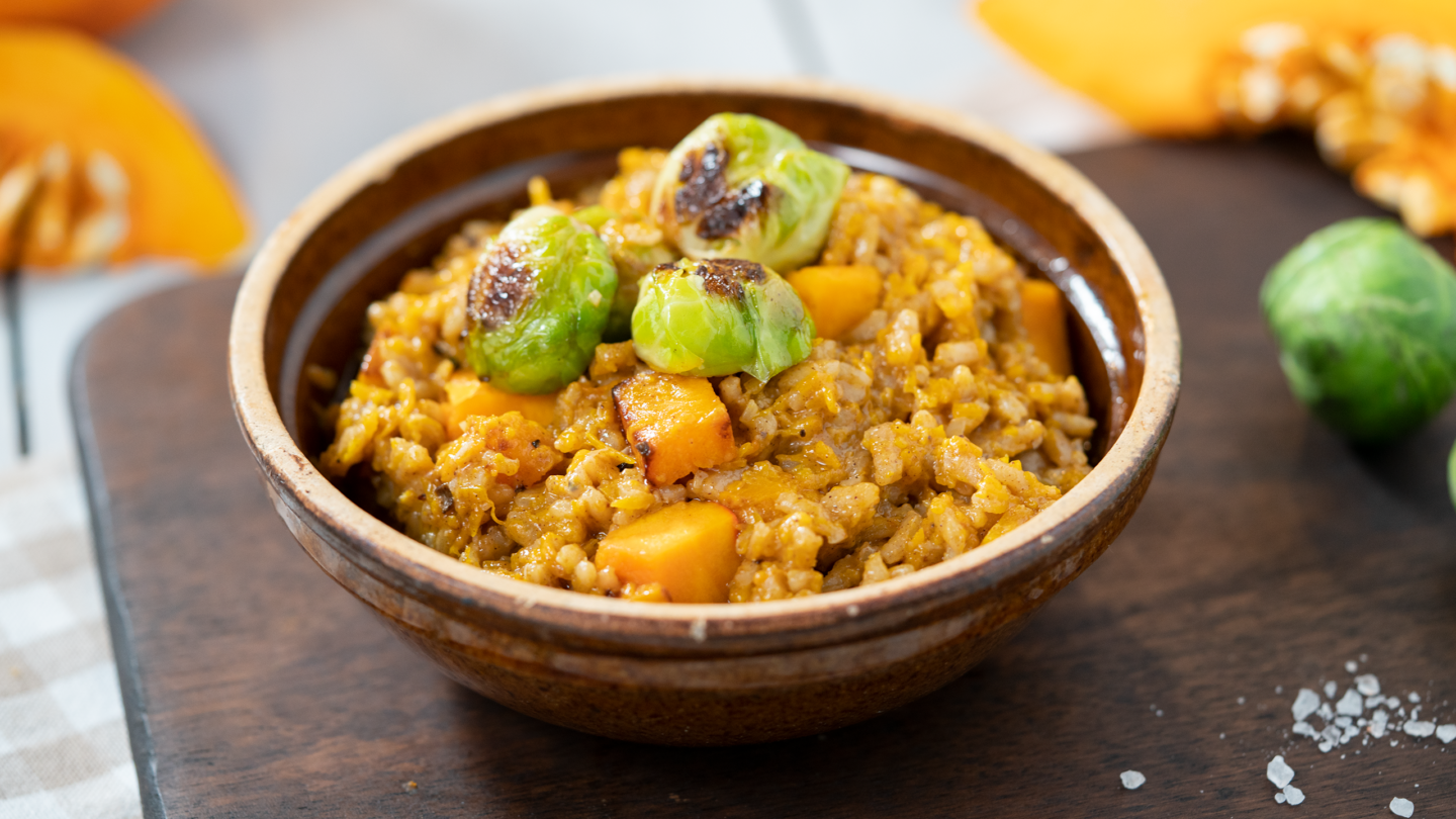Rezept: Kürbis-Risotto mit gebratenem Rosenkohl - Flavoury